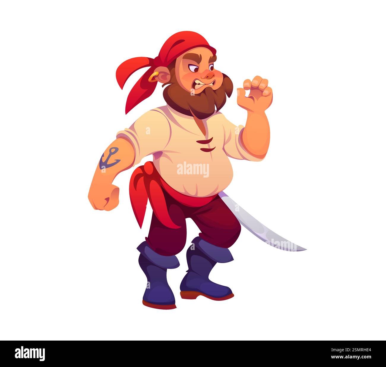 Cartoon pirate sailor or corsair captain character with sword saber ...
