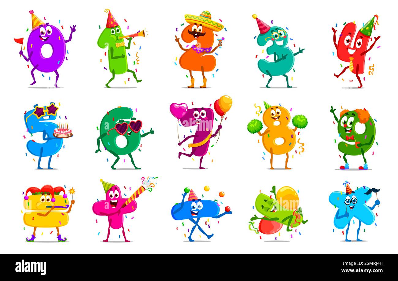 Birthday holiday celebration, cartoon math numbers and digits ...
