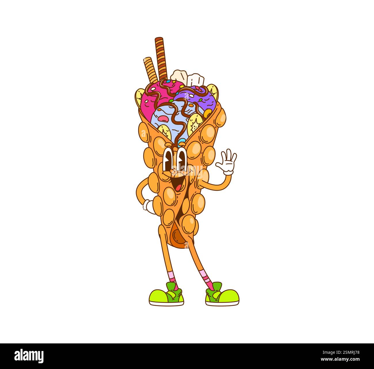 Retro cartoon groovy hippie bubble waffle or fast food dessert with ...