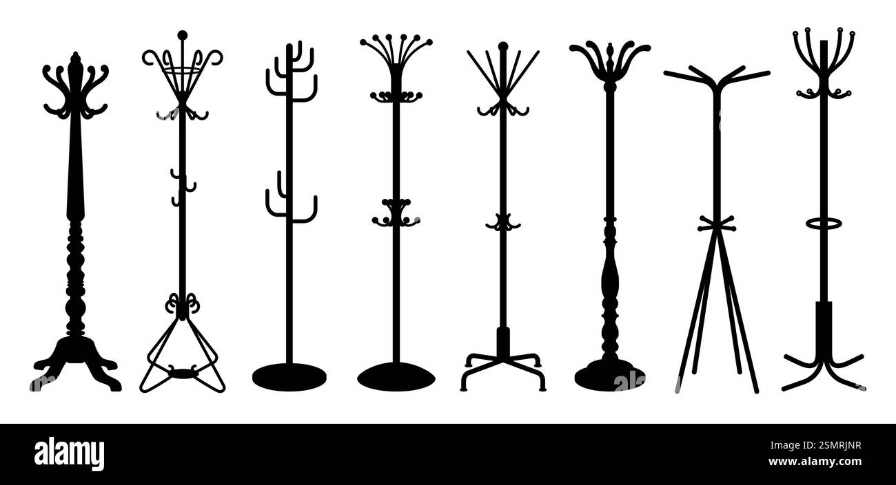 Hat and coat rack stands, vector set of black hanger silhouettes ...