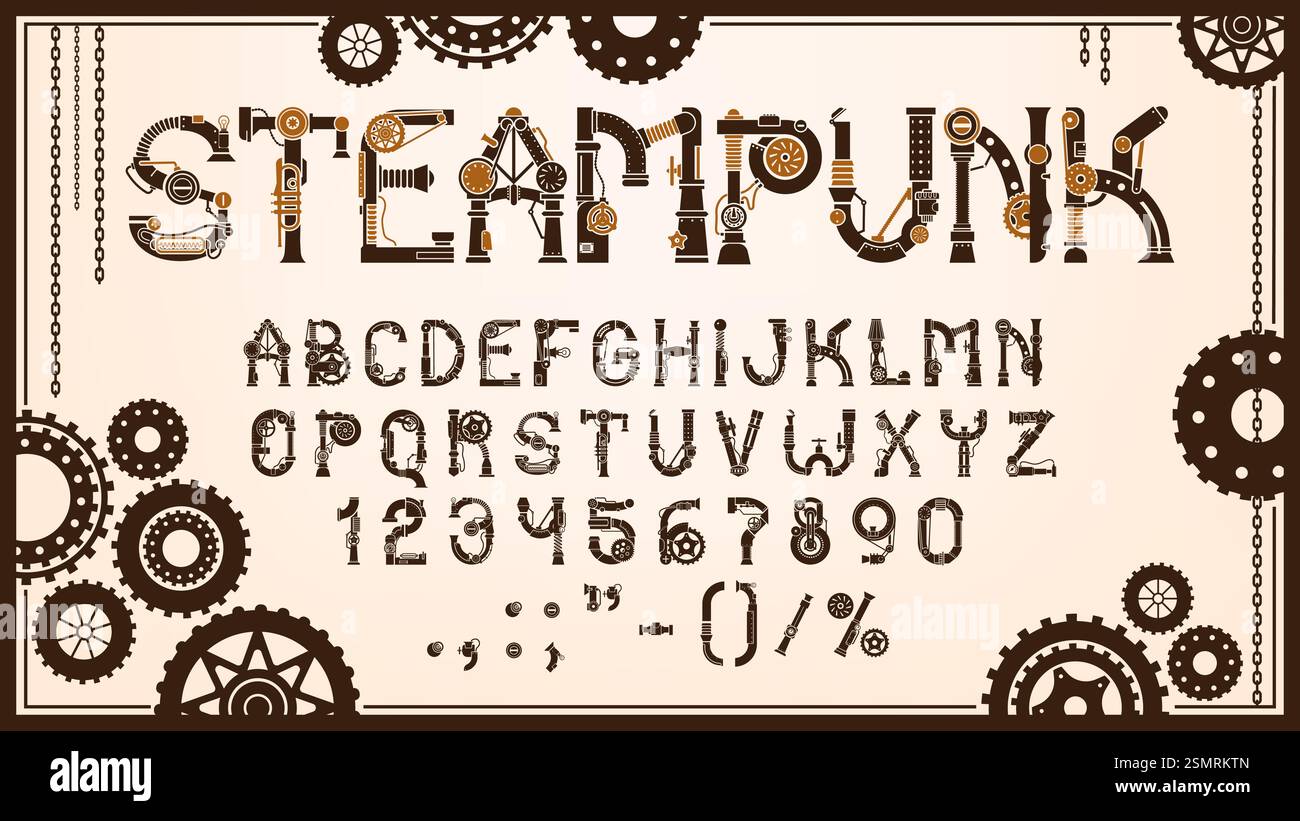 Steampunk gear font or mechanic type and machine English alphabet ...