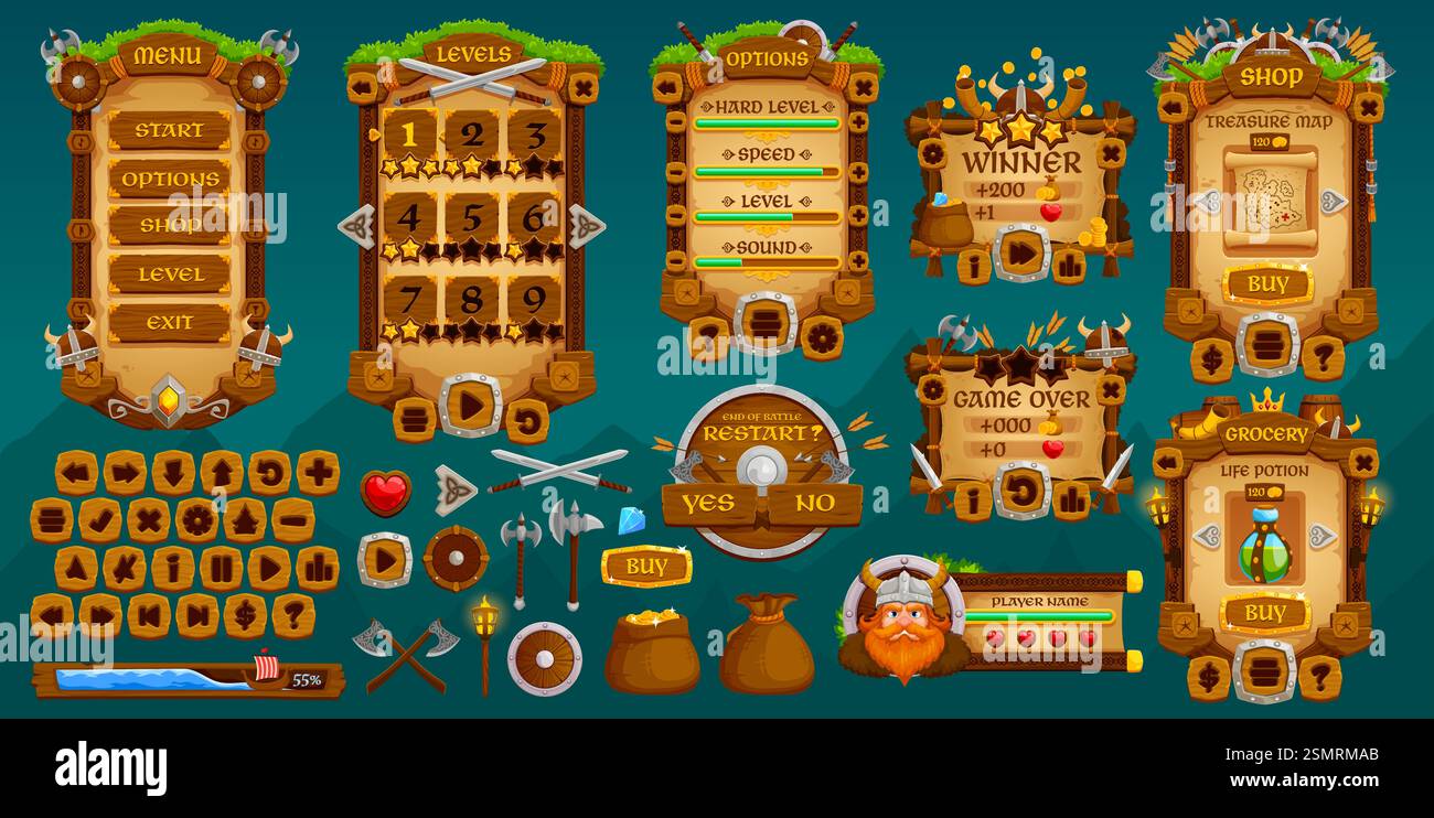Medieval Vikings game interface. Vintage martial game buttons, gui ...