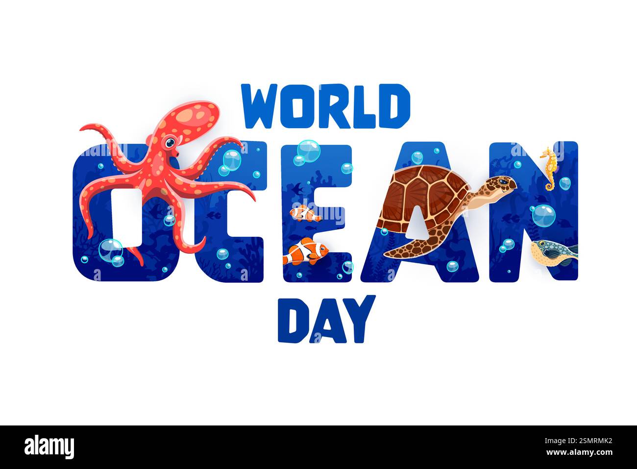 World oceans day banner with sea animals and underwater landscape ...