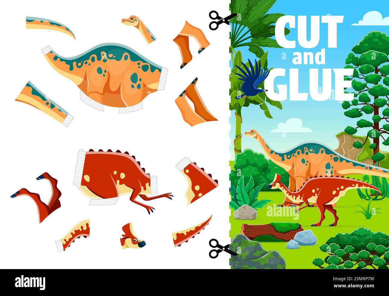 Cut and glue prehistoric dinosaurs, kids game template. Vector ...