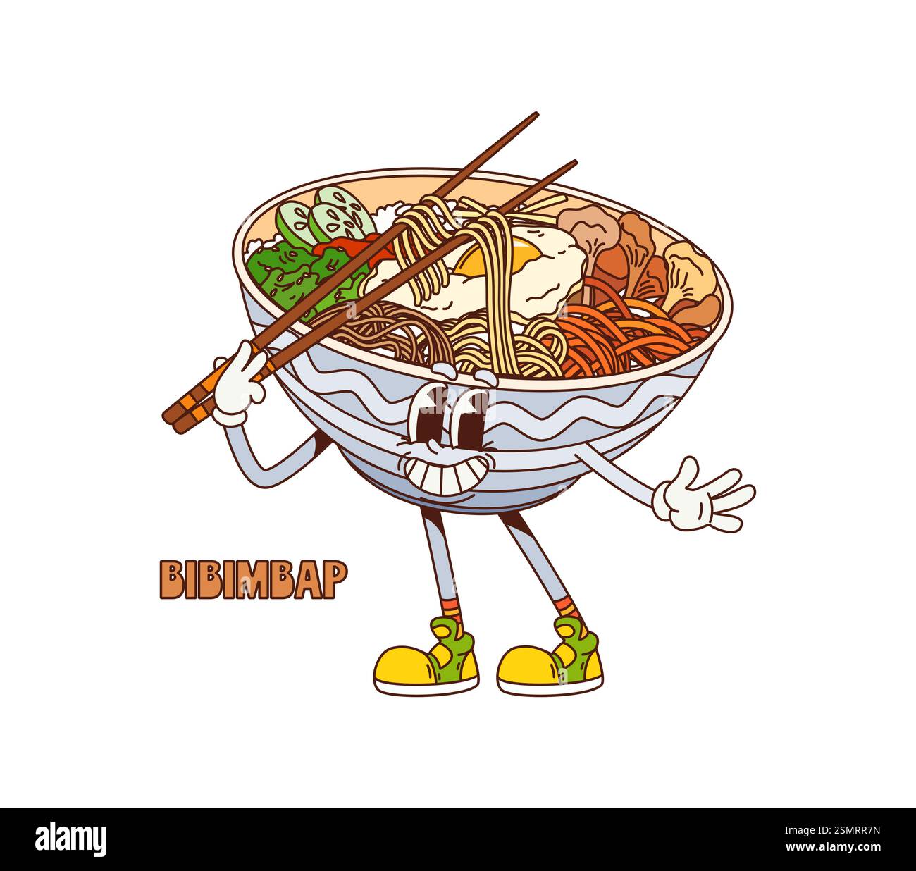 Cartoon bibimbap Korean groovy cuisine food character with a cheerful ...