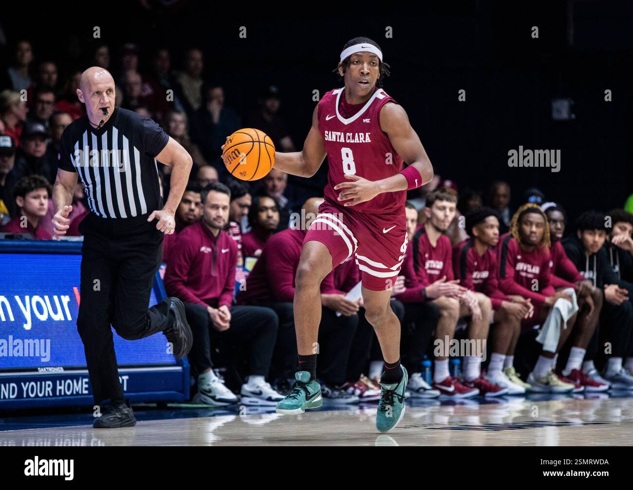 Moraga, CA U.S. 16th Feb, 2025. A. Santa Clara forward Elijah Mahi (8 ...
