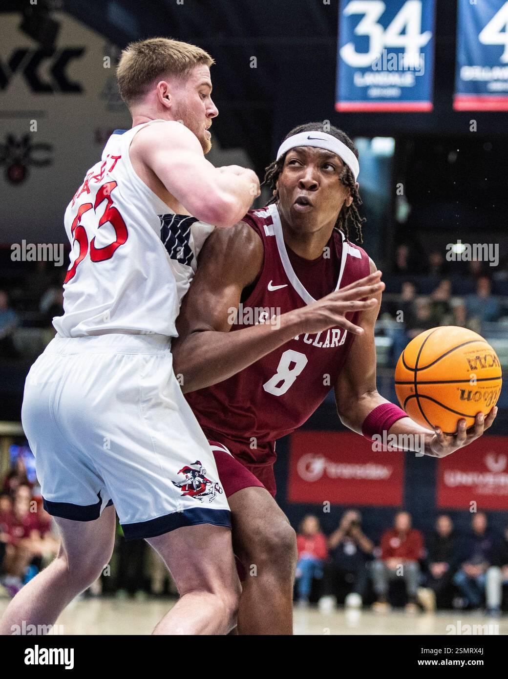 Moraga, CA U.S. 16th Feb, 2025. A. Santa Clara forward Elijah Mahi (8 ...