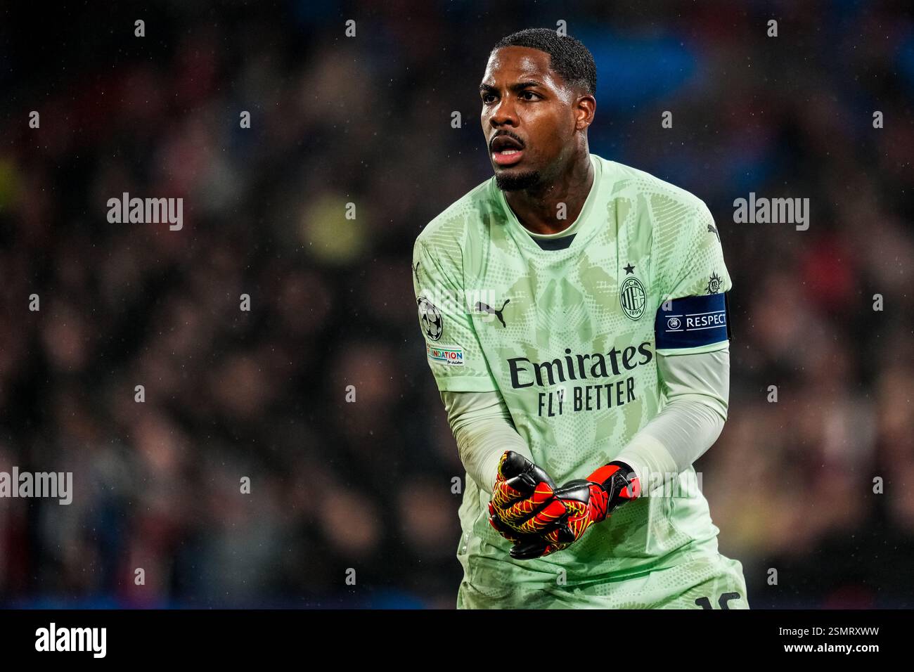 ROTTERDAM, NETHERLANDS - FEBRUARY 12: AC Milan goalkeeper Mike Maignan ...