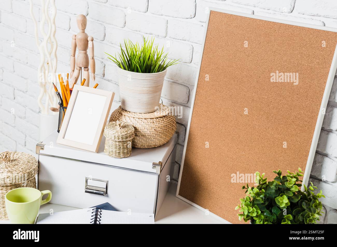 Creative workspace setup with decorative elements and organizing tools ...