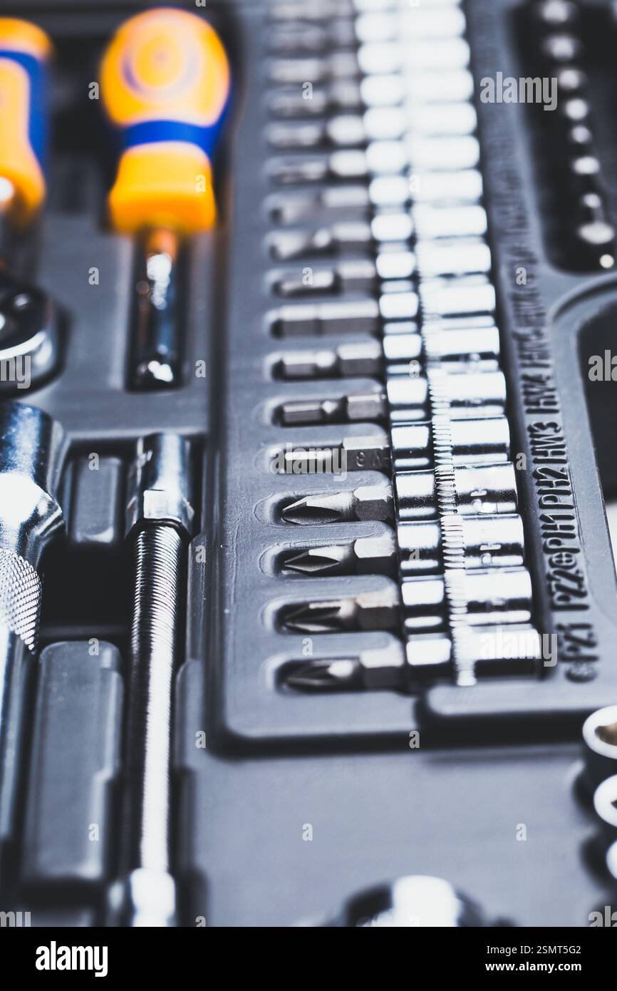 Tools arranged neatly in a toolbox highlighting various sizes and types ...