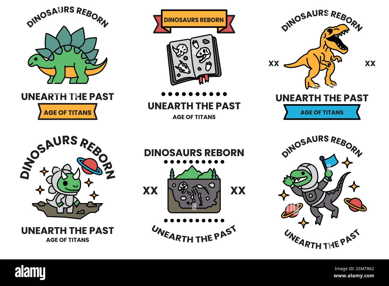 A Set of illustrations in the Dinosaurs concept in line art style Stock ...