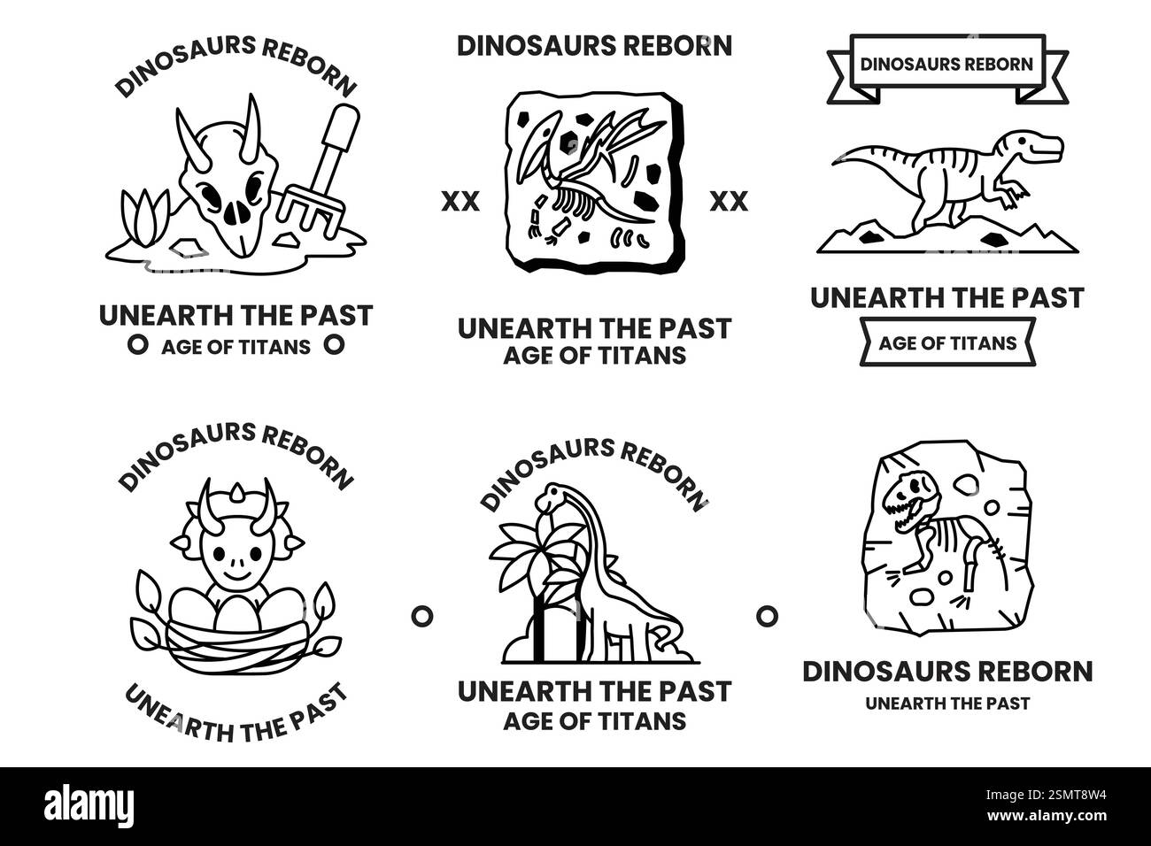 A Set of illustrations in the Dinosaurs concept in line art style Stock ...