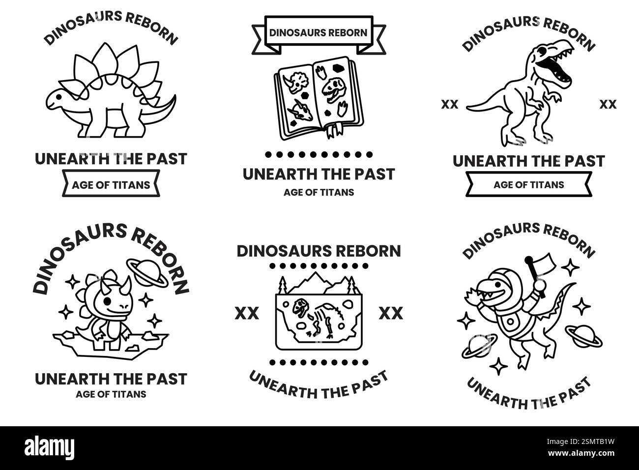 A Set of illustrations in the Dinosaurs concept in line art style Stock ...