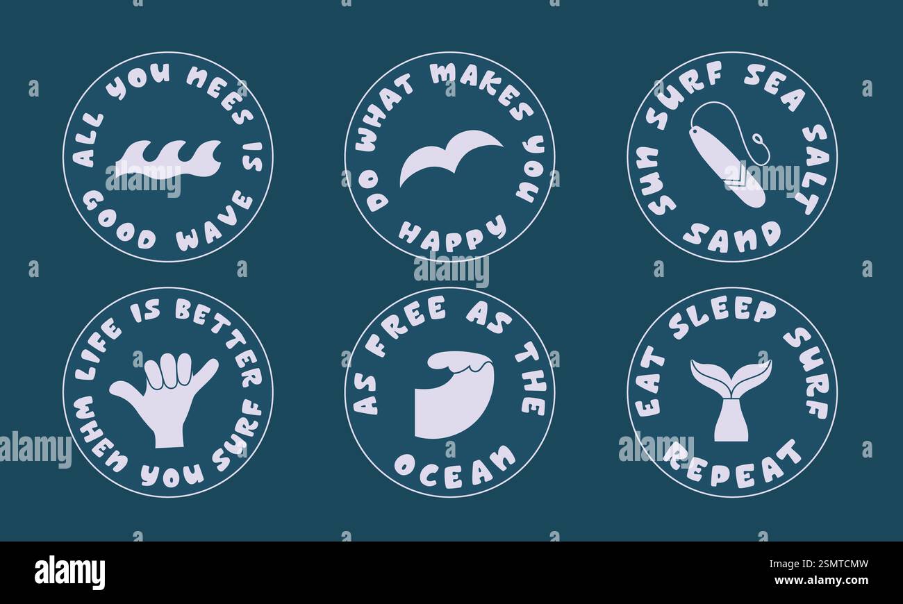 Surfing, ocean quotes, icons in round frame. Simple wave, sigal, surf ...