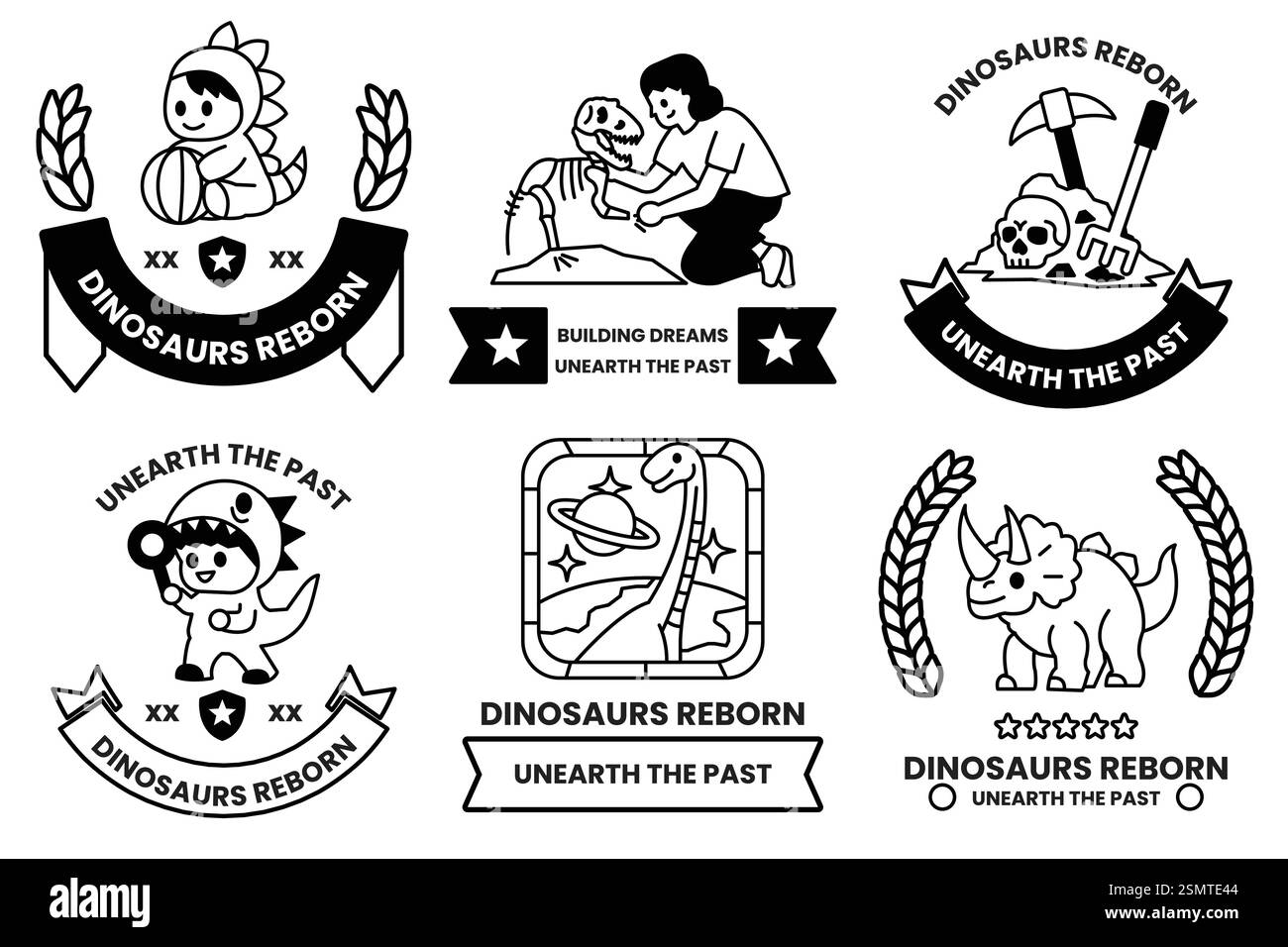 A Set of illustrations in the Dinosaurs concept in line art style Stock ...