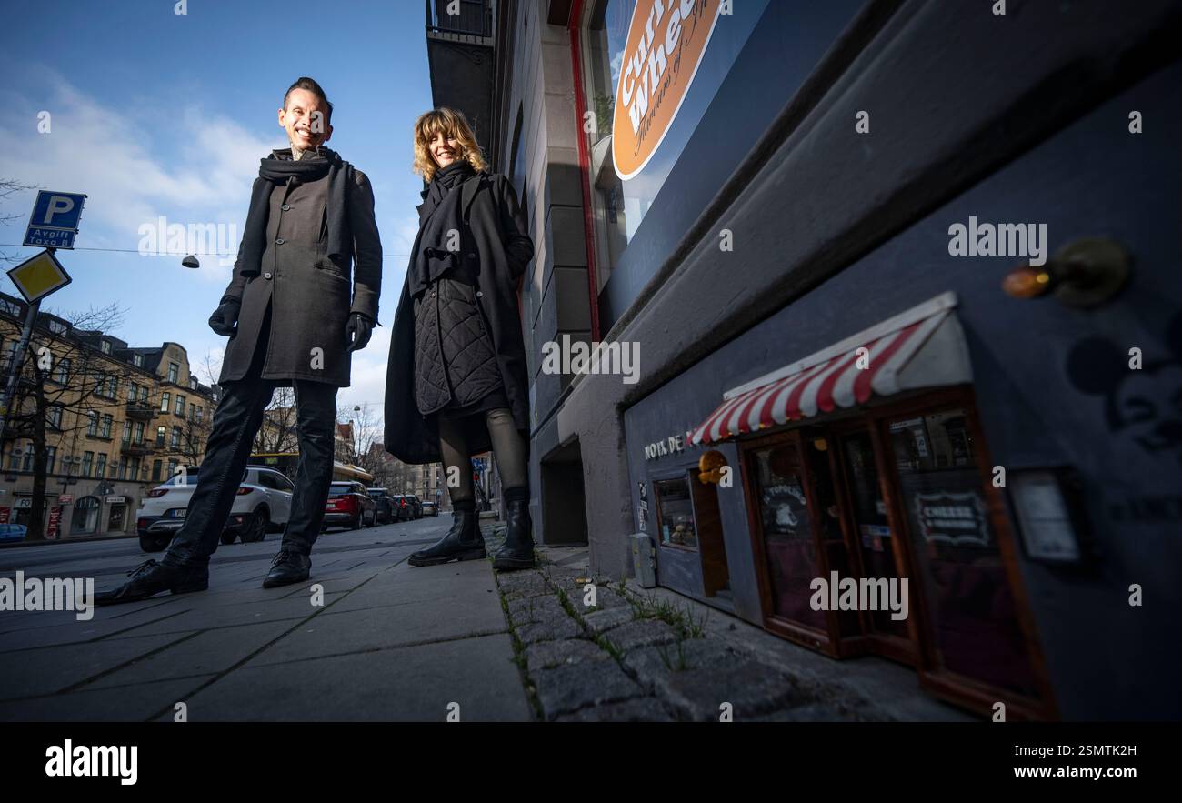 Artists Elin Westerholm and Lupus Nensén in front of the miniature nut ...