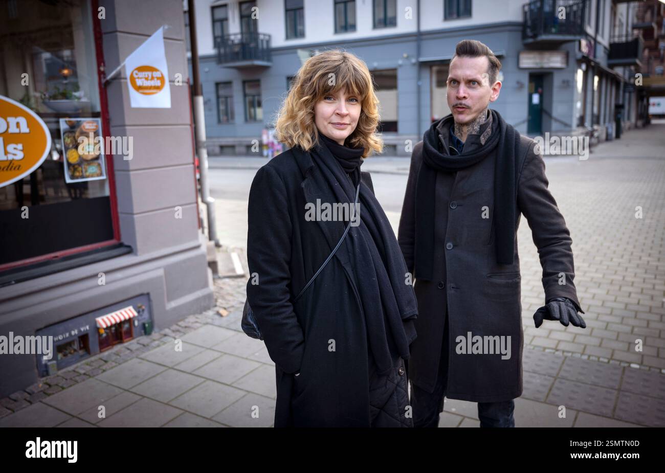 Artists Elin Westerholm and Lupus Nensén in front of the miniature nut ...