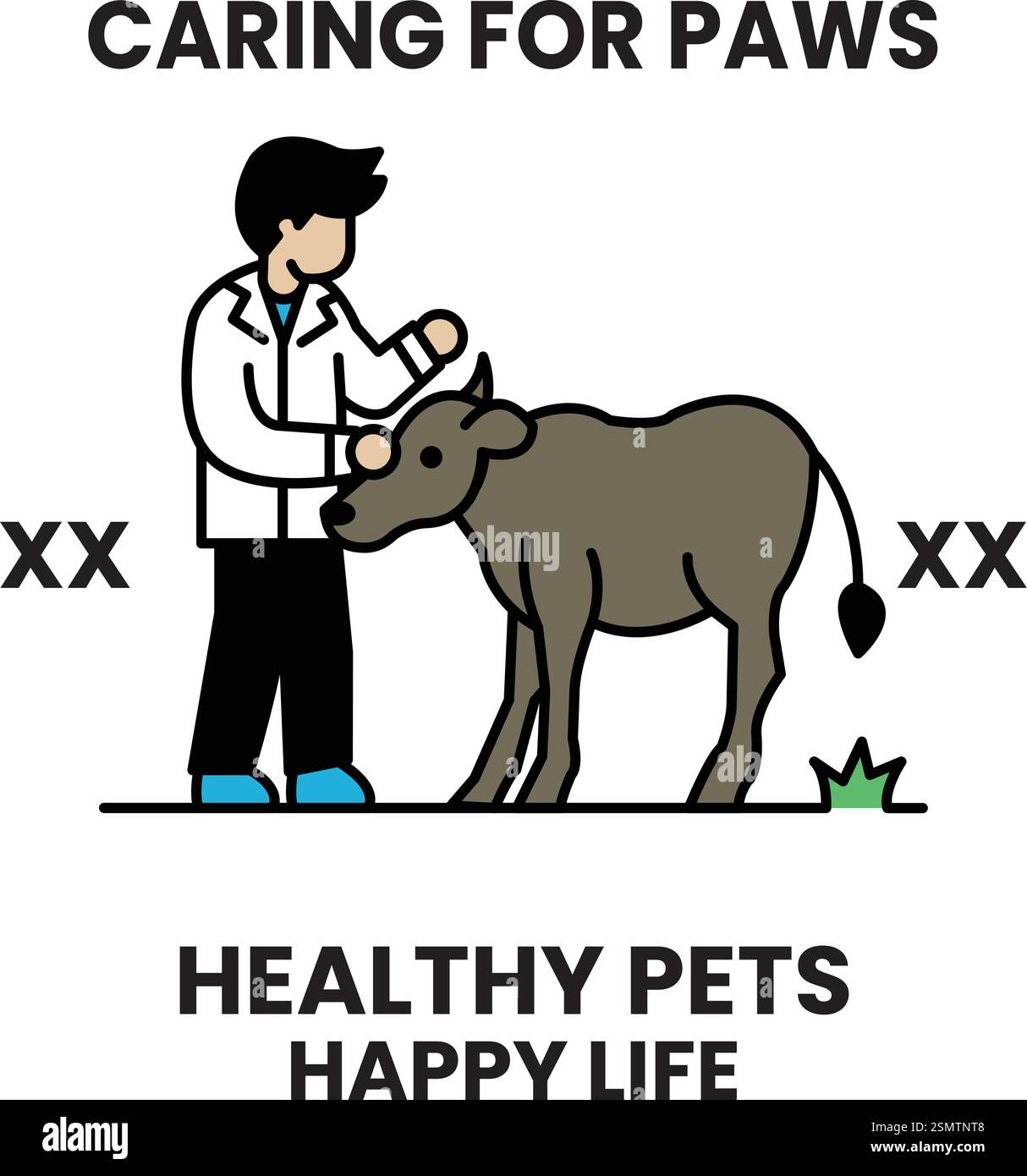 A man is petting a cow in the style of sign illustrations Stock Vector ...