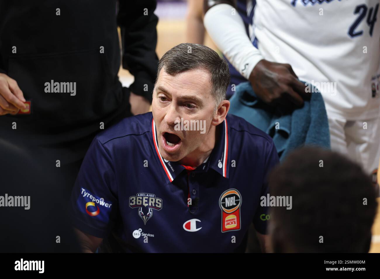 Sydney, Australia. 13th Feb, 2025. 36ers coach Mike Wells addresses his players during the NBL ...