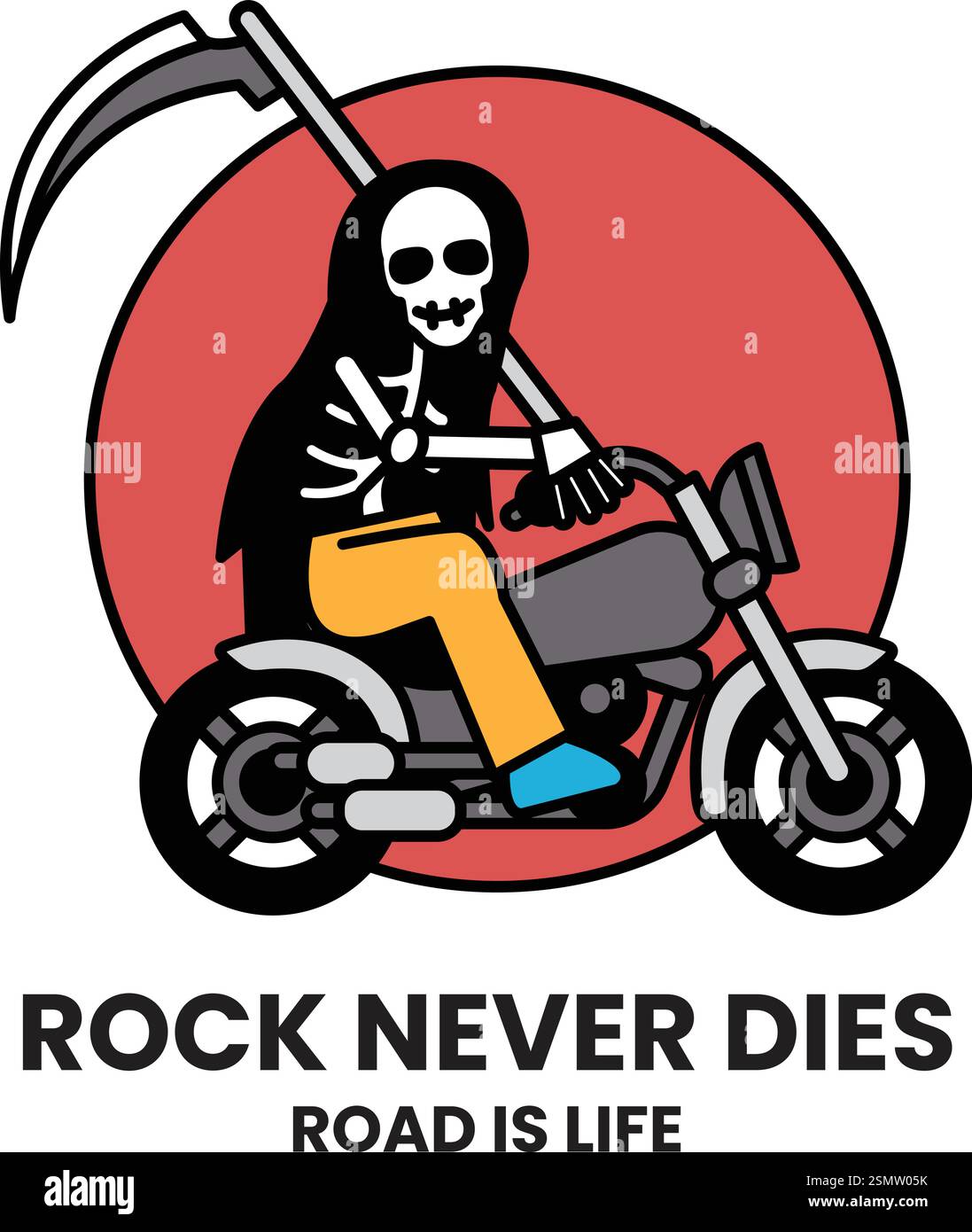 A skeleton riding a motorcycle with the words in the style of sign ...