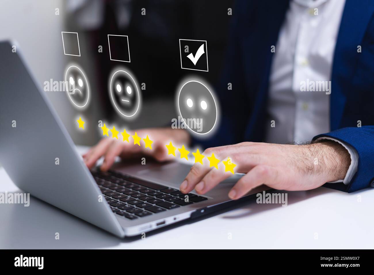 Customer service evaluation concept. Businessman using a laptop ...