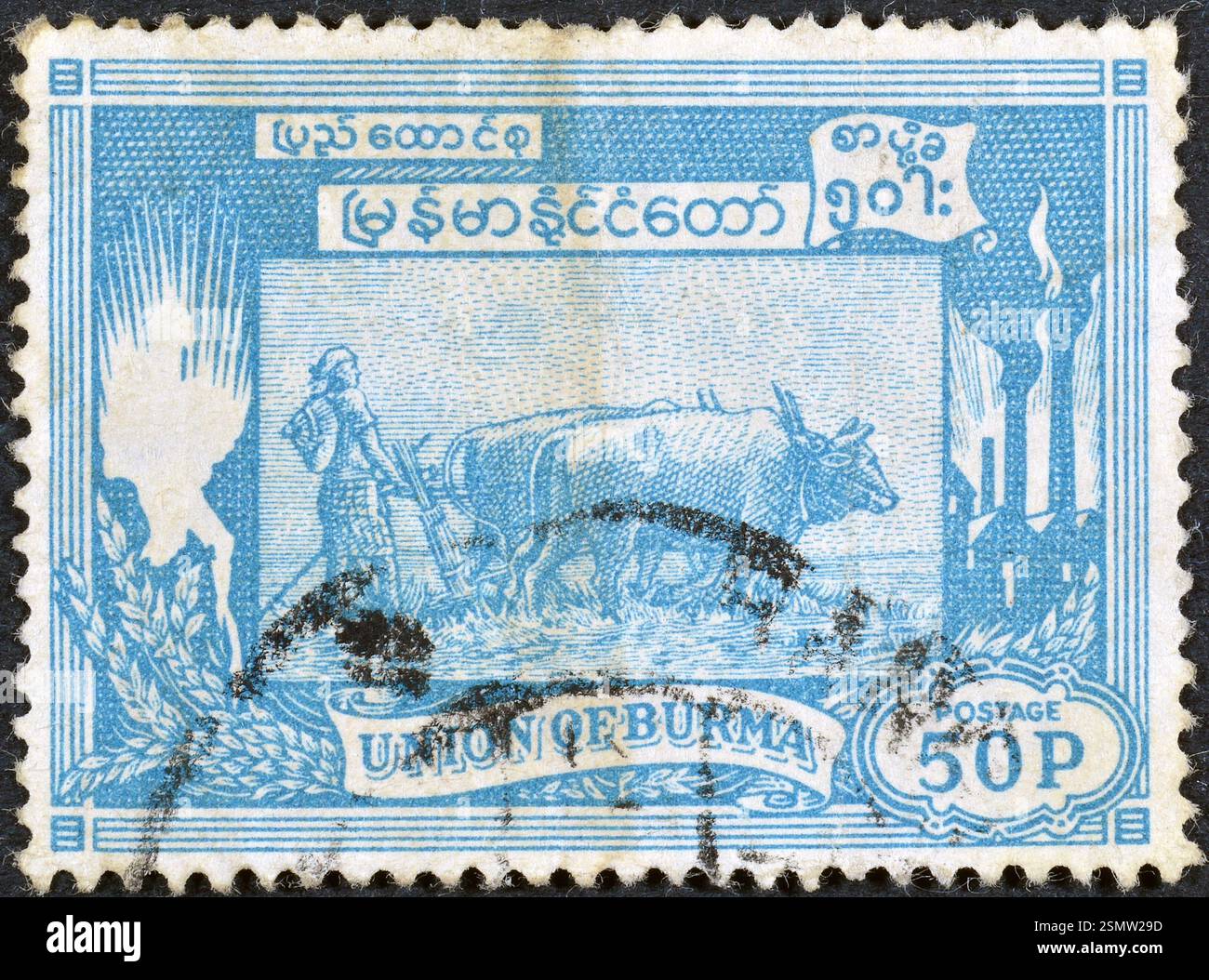 Cancelled postage stamp printed by Burma, that shows Plower, First ...