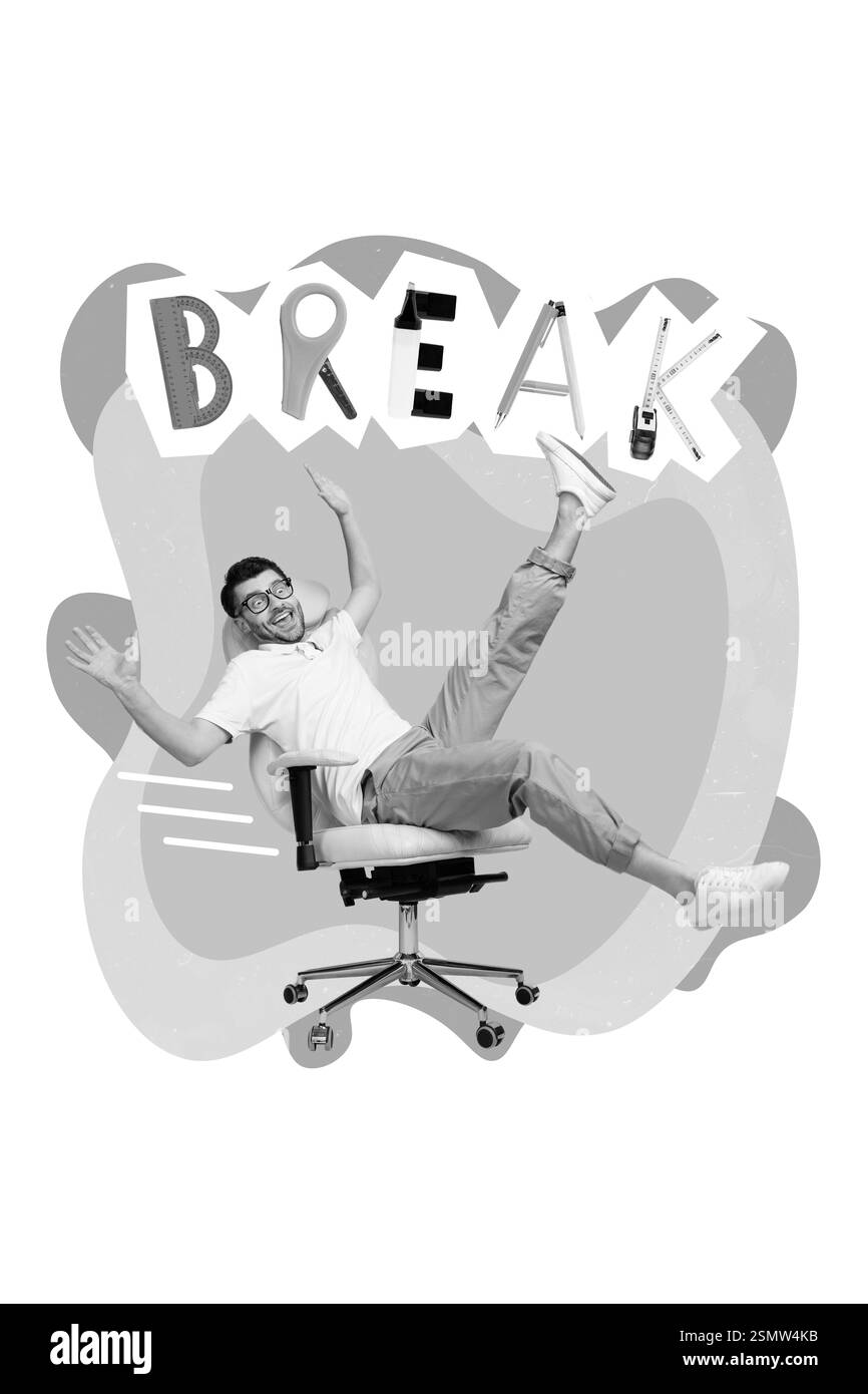 Template magazine collage of funny happy young guy manager enjoy work ...