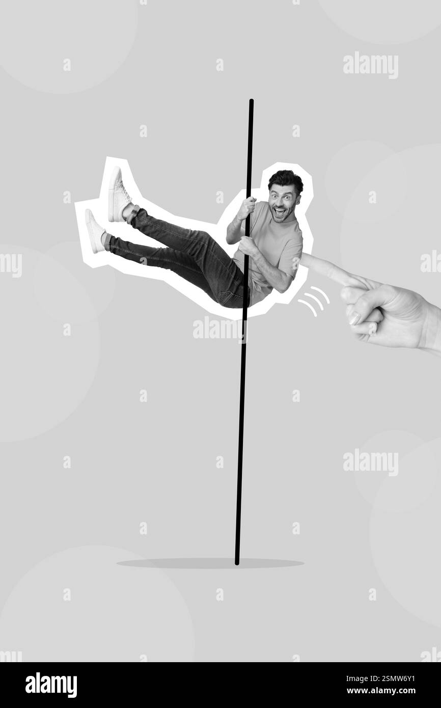 Magazine ads banner collage of funky young guy climb line rope enjoying ...