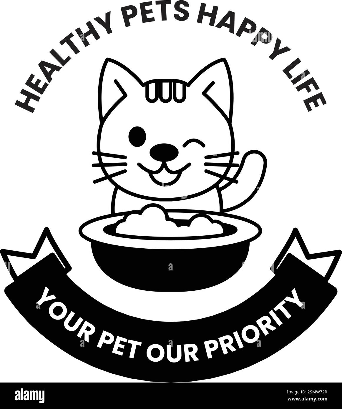 A cat is eating from a bowl with the words in the style of sign ...