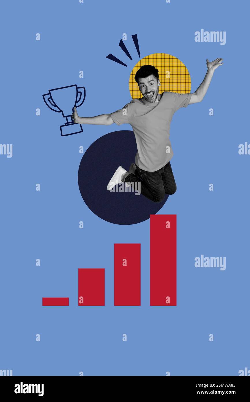 Art image vertical photo collage of happy businessman jump chart ...