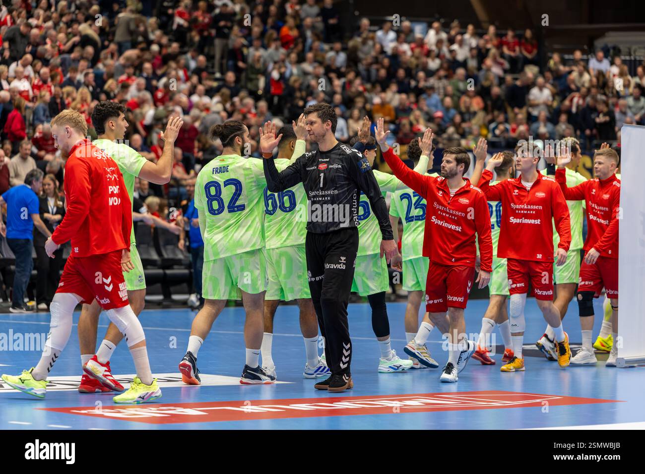 Aalborg, Denmark. 12th Feb, 2025. Niklas Landin (1) and the players of ...