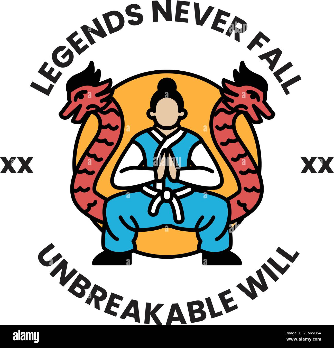 A man in a karate uniform is shown with two red dragons in the style of ...