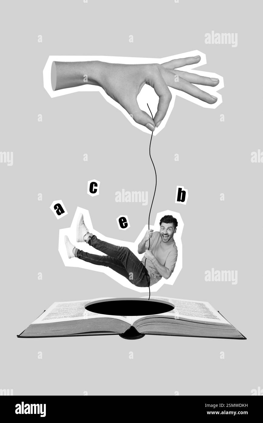 Template magazine collage of funky guy falling from rope fingers into ...
