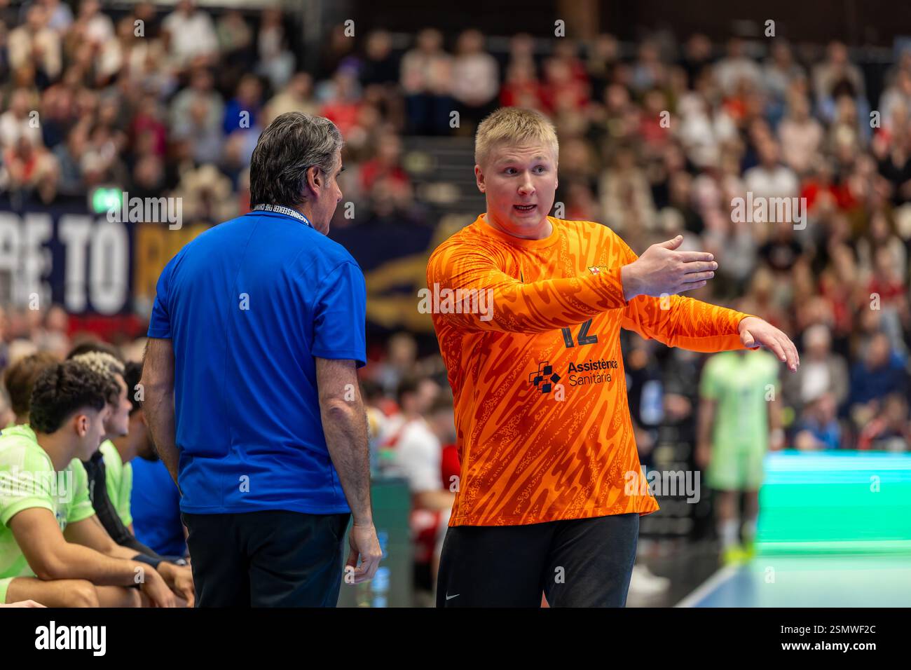 Aalborg, Denmark. 12th Feb, 2025. Emil Nielsen (12) of Barca seen with ...