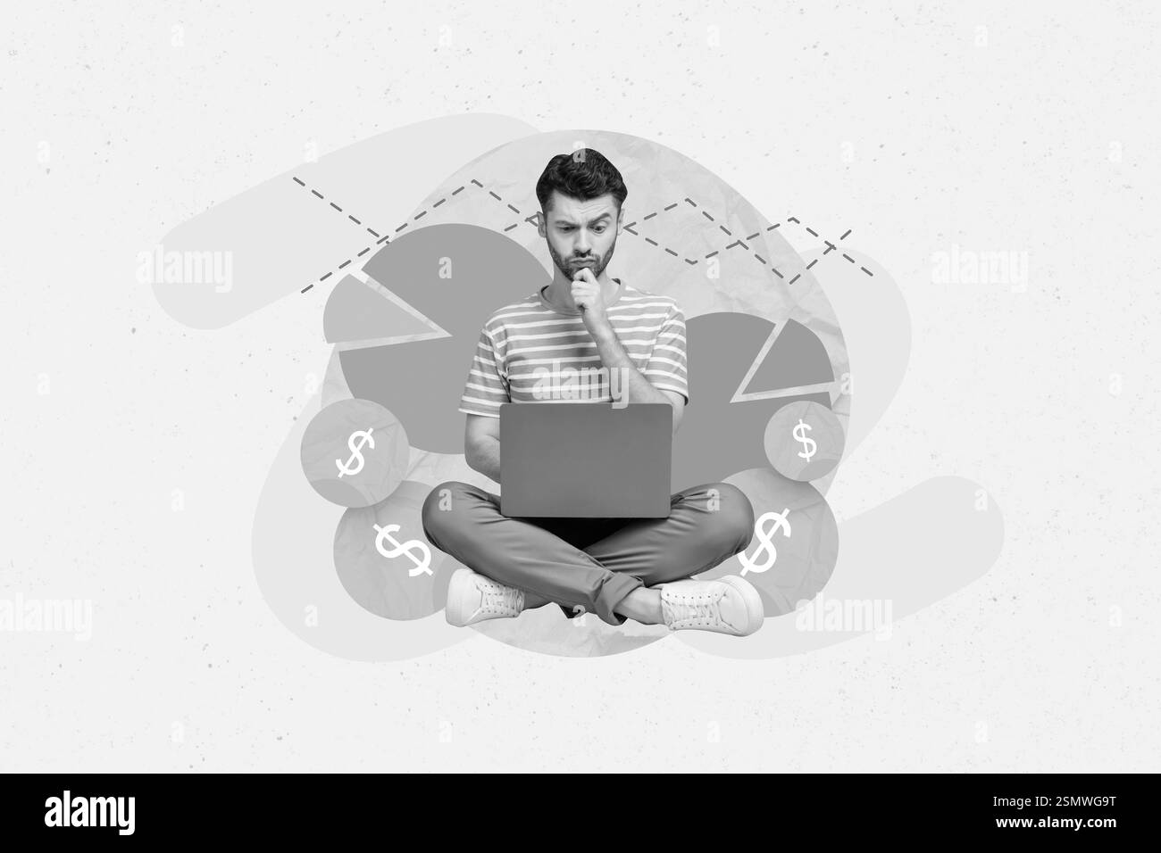 Photo of minded smart funny man use laptop touch chin minded analyzing ...