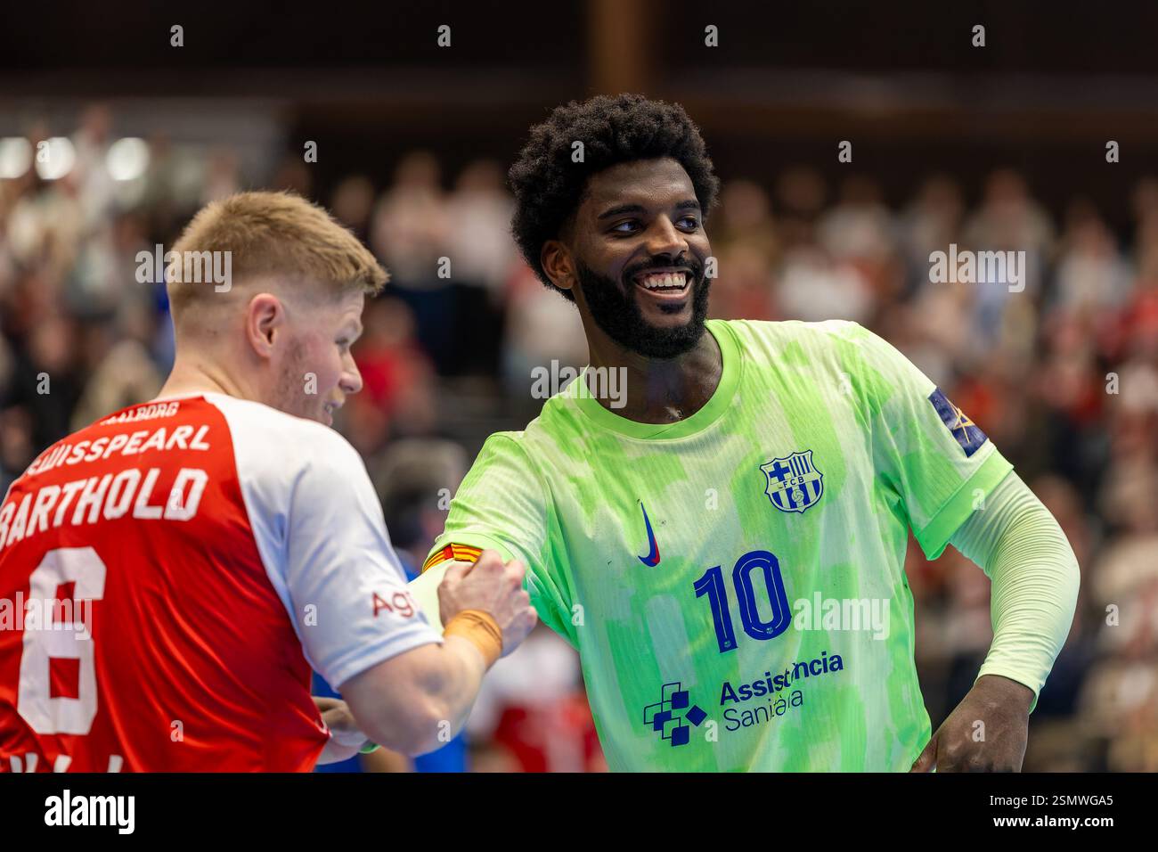 Aalborg, Denmark. 12th Feb, 2025. Dika Mem (10) of Barca seen in the ...