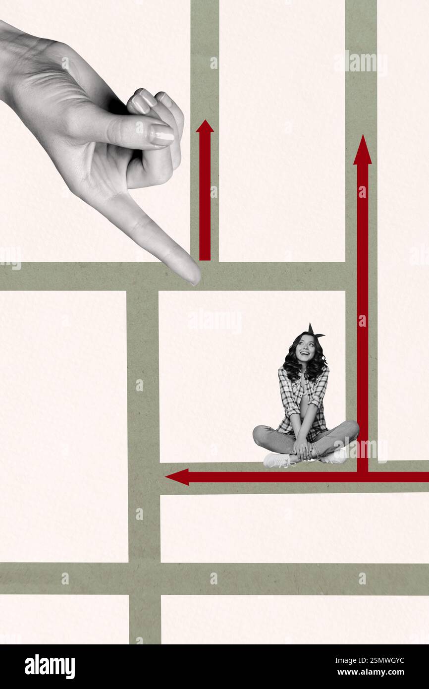 3D collage poster template trend artwork sketch of young lady sit ...