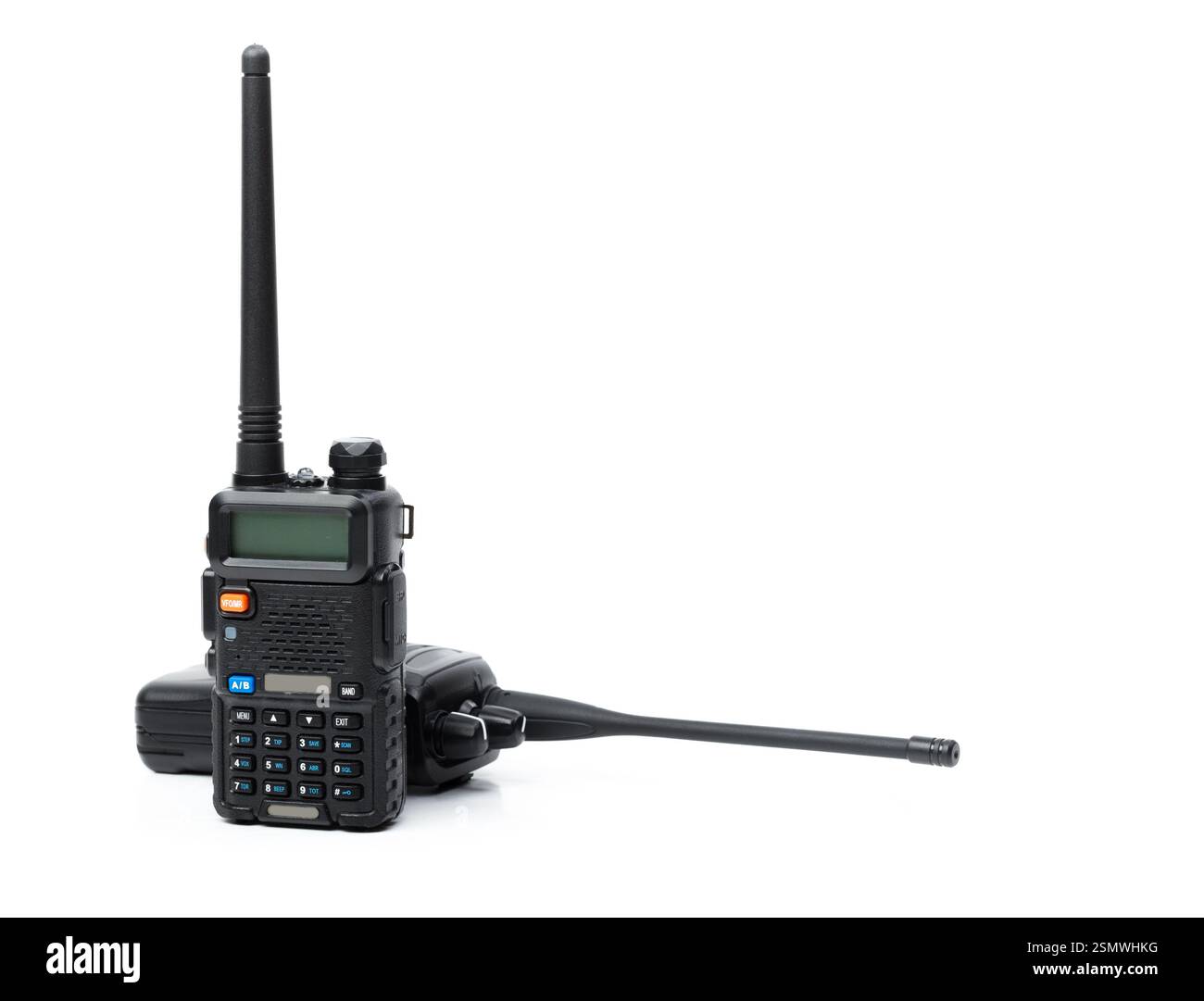 Two-way radio communication device with antennas positioned on a white ...
