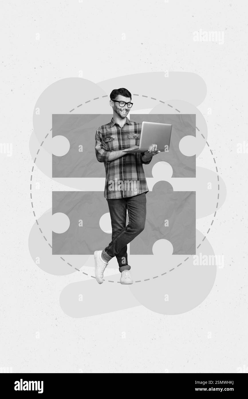 Creative photo collage of young successful positive expert programmer ...