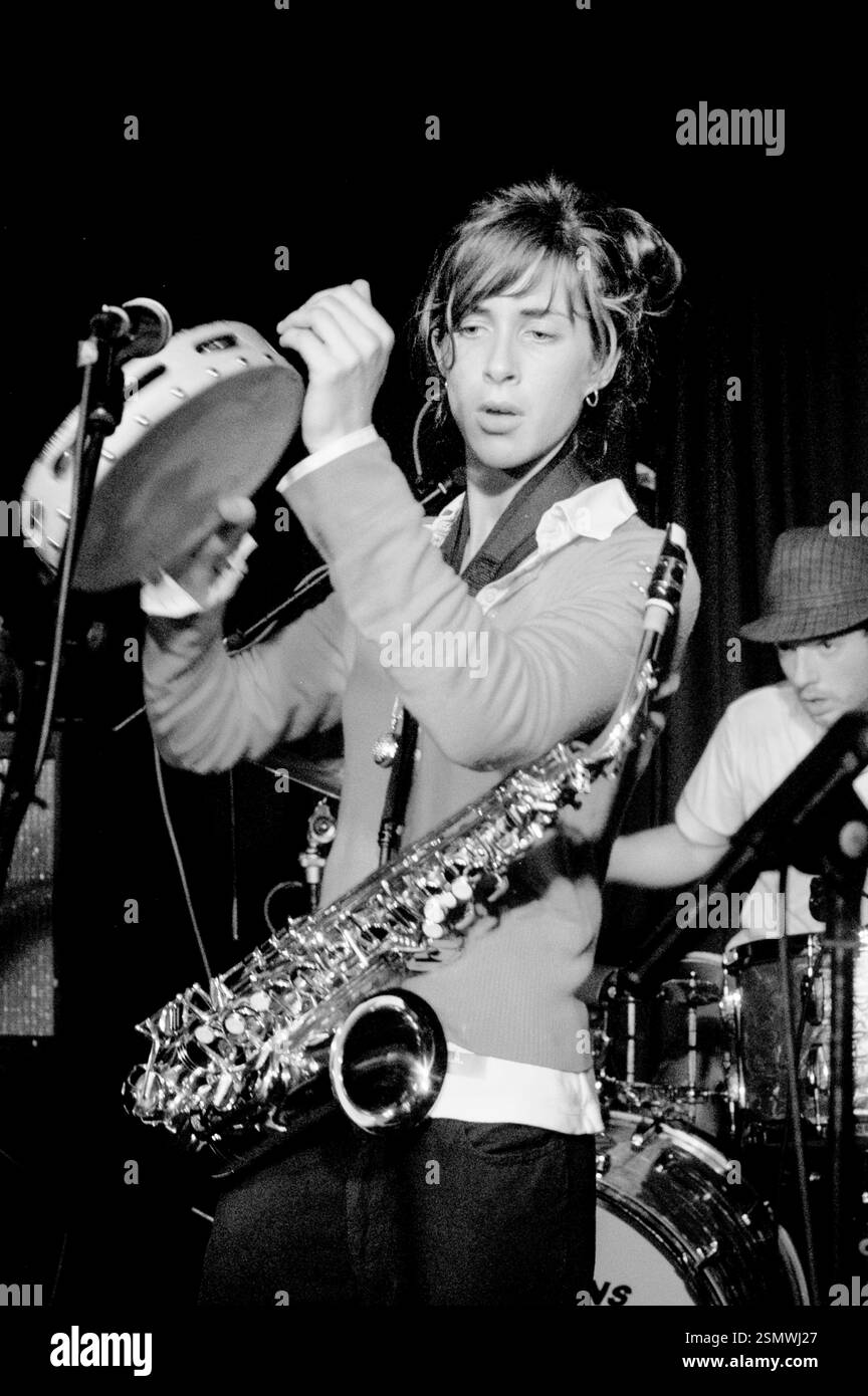 Abi Harding, saxophonist with THE ZUTONS at Cardiff Welsh Club ...