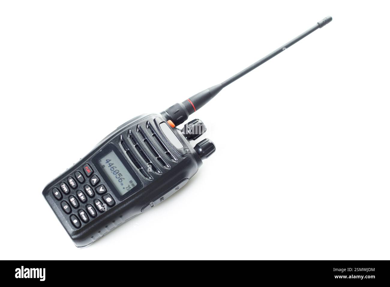 Two-way radio with digital display and antenna on a white background ...