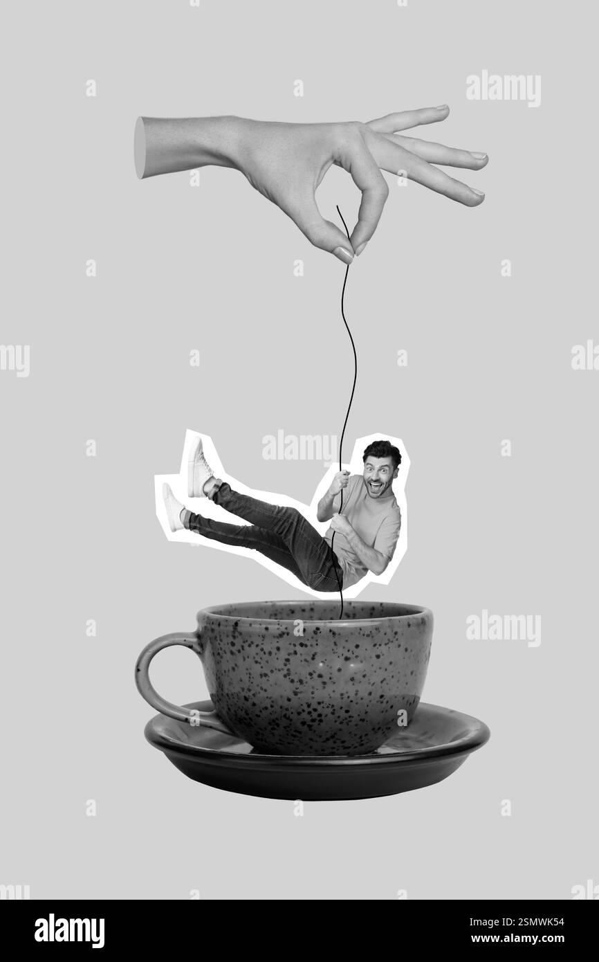 Vertical collage image of huge black white colors arm fingers hold ...