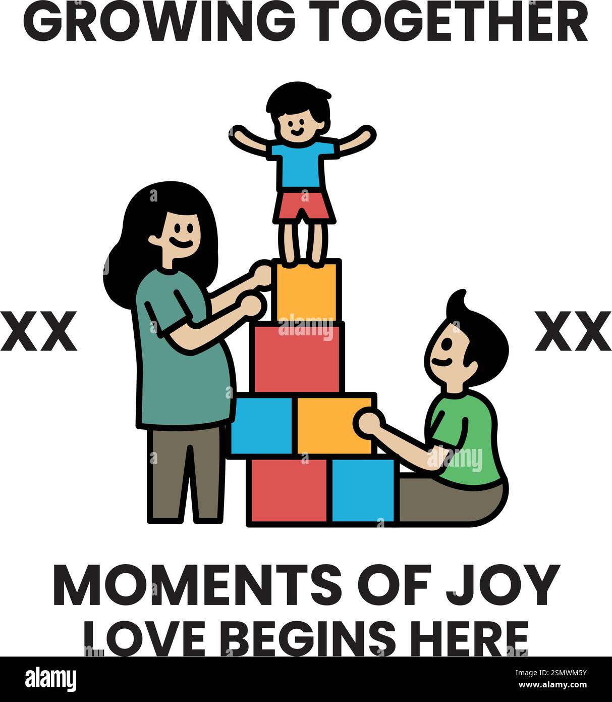 A family of three is building a tower of blocks in the style of sign ...