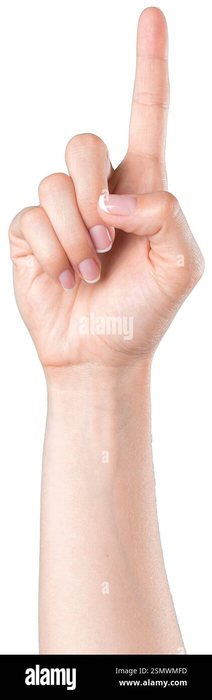 Hand gesture indicating number one after teaching in a bright classroom ...