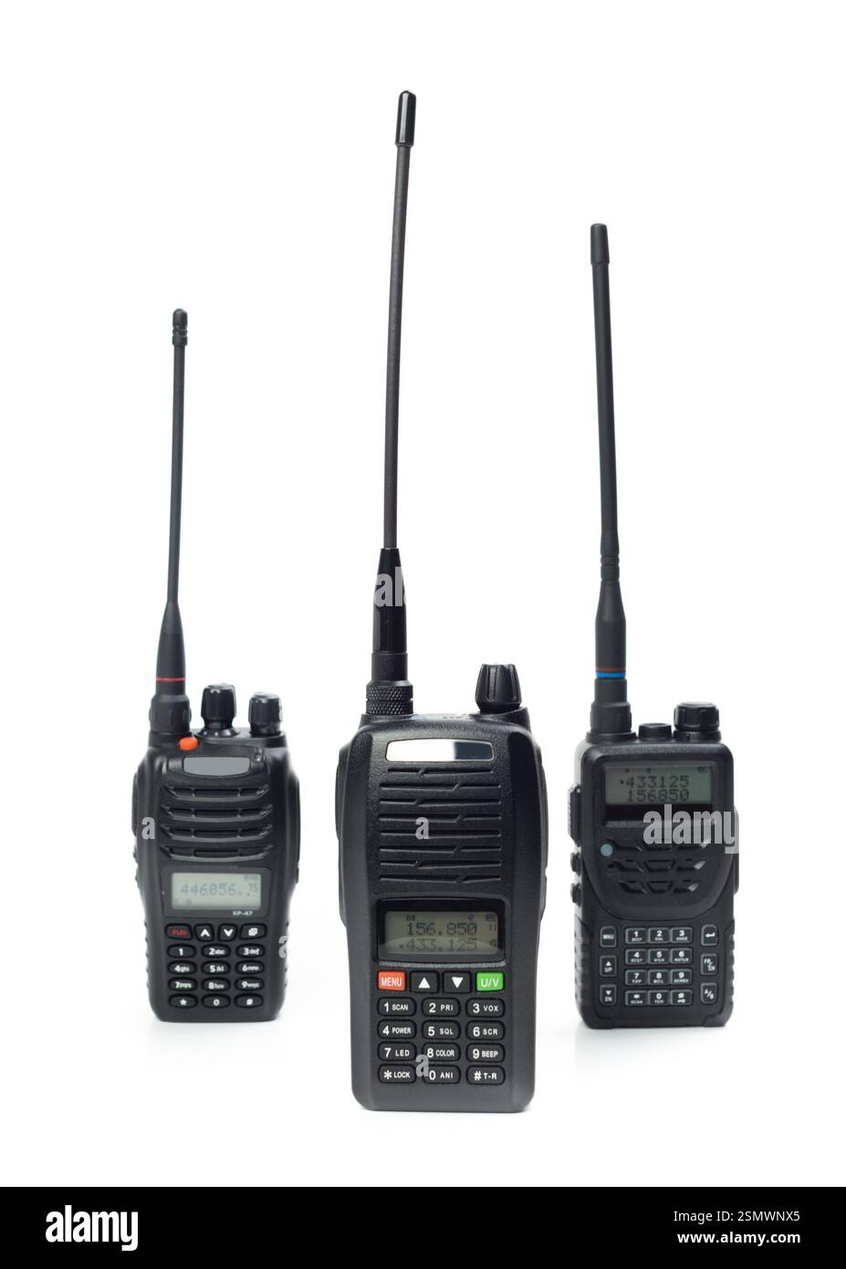 Different models of two-way radios arranged in a row showcasing various ...