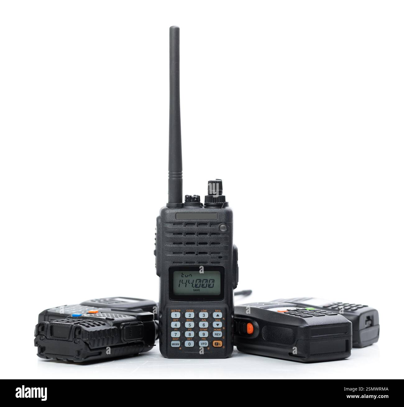 Various walkie talkies arranged in a group displaying different designs ...