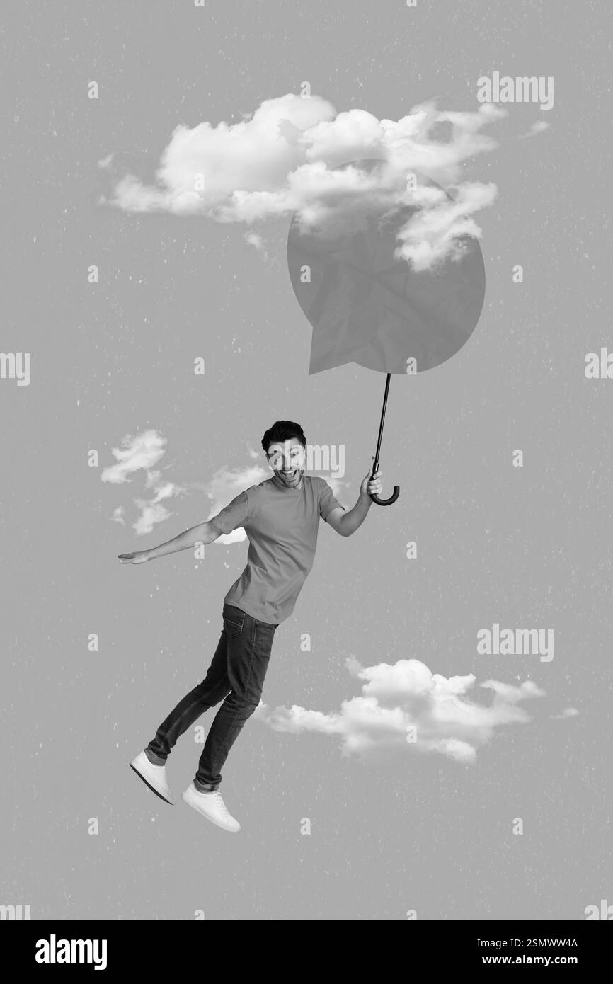Collage artwork graphics picture of excited smiling guy flying mind ...