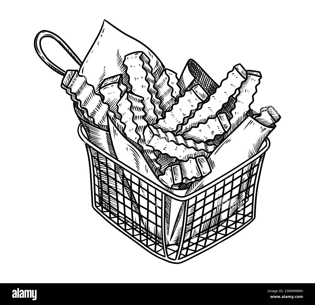 Fries in the basket food illustration in the graphic line art style ...