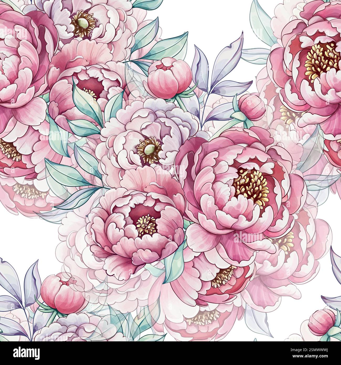 A lush arrangement of peonies in soft pinks and greens unfolds like a ...