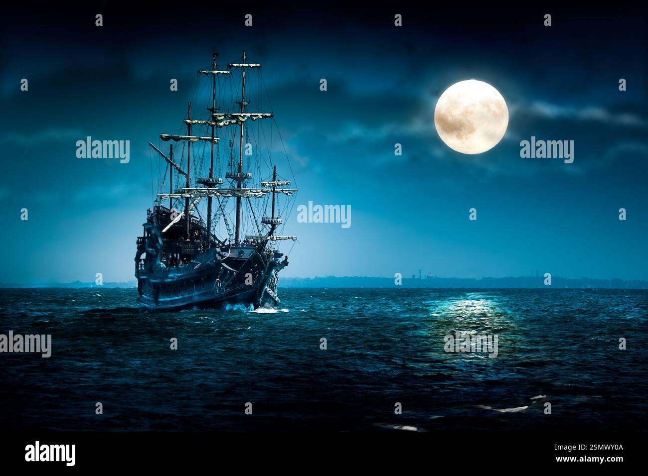 Old Pirate Ship Sailing Flying Dutchman Full Moon Blue Rough Sea ...